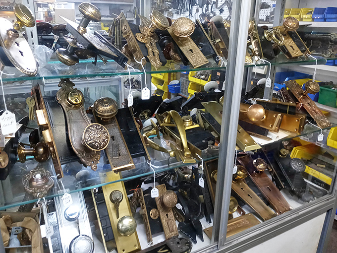Antique door hardware gleams with brass memories &ndash; each knob and lock plate once opened doors to homes with stories we can only imagine.