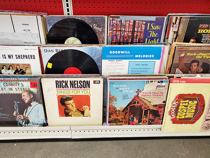 Vinyl treasures lined up like old friends at a reunion. That Rick Nelson album? Someone's father played it during Sunday pancake breakfasts.