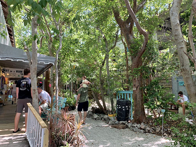 Shaded pathways wind between artist studios, where the dappled sunlight creates nature's air conditioning in this tropical creative haven.