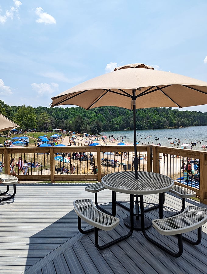 Beach day paradise with a view! This umbrella-shaded deck offers the perfect vantage point for people-watching without getting sand in your lunch.