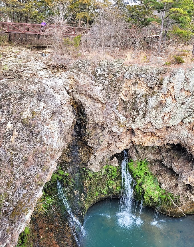Nature's masterpiece revealed: the 77-foot waterfall plunges dramatically into a turquoise pool, creating a scene that belongs on postcards, not hidden in Oklahoma.