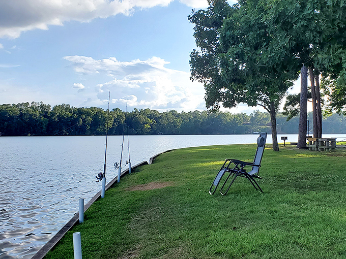 The perfect fishing spot doesn't exi— Oh wait, here it is! A peaceful lakeside setup where time slows down and worries float away.