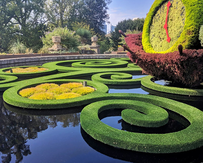 Swirling patterns of meticulously trimmed hedges create a wonderland of whimsy, where even the Cheshire Cat would get lost in botanical delight.
