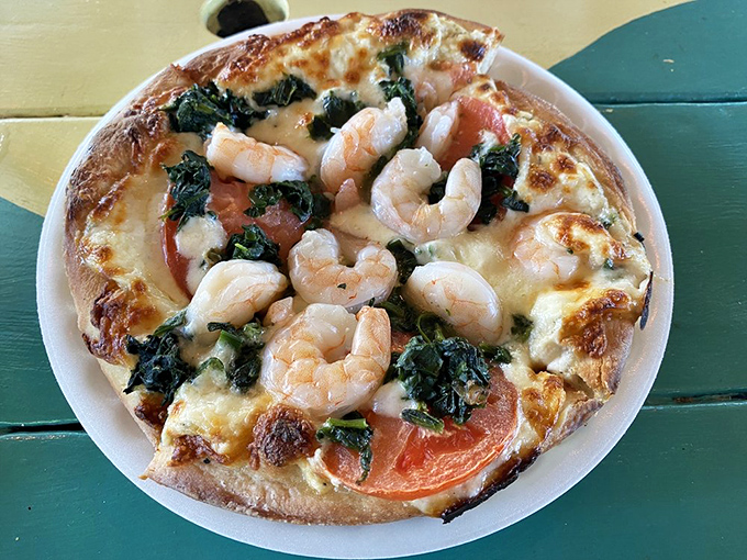 A pizza that captures the essence of the Keys&mdash;plump shrimp and fresh spinach on a canvas of melted cheese perfection.