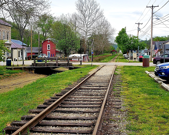 Railroad tracks cutting through green grass tell stories of commerce and connection. In Metamora, even the infrastructure has character and refuses to be rushed.