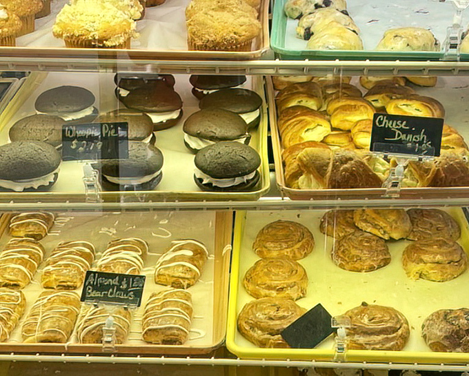 The display case reveals the star attraction&mdash;chocolate whoopie pies nestled alongside cheese danish and bear claws, a trifecta of temptation few can resist.