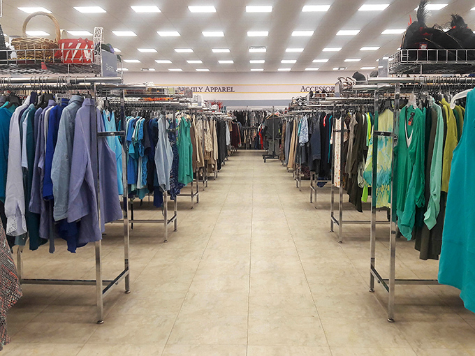The clothing section: where vintage fashion dreams and color-coded organization meet in perfect harmony.
