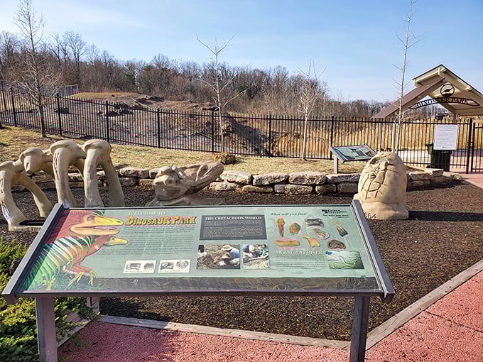 Educational displays and bone replicas set against Maryland's landscape&mdash;where suburban life meets Cretaceous history in one compact, fascinating package.