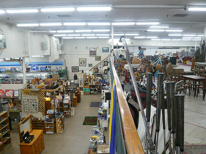 A bird's-eye view of the organized chaos below. Like a miniature city of collectibles, each "neighborhood" specializes in different decades.