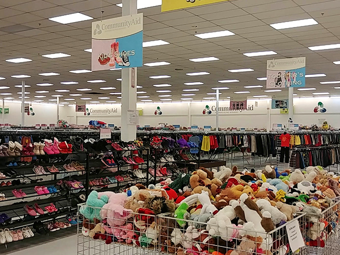 Plush animals and footwear galore! This corner of CommunityAid proves that one person's decluttering mission becomes another's treasure-hunting paradise.