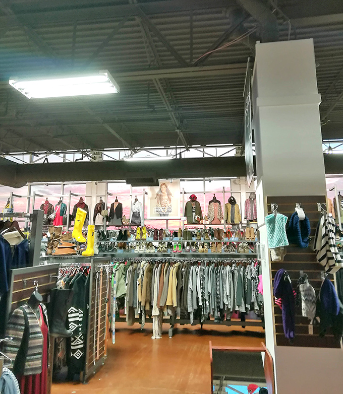 Racks upon racks of possibility! The industrial-chic interior houses a rainbow of garments waiting for their second chance at stylish life.