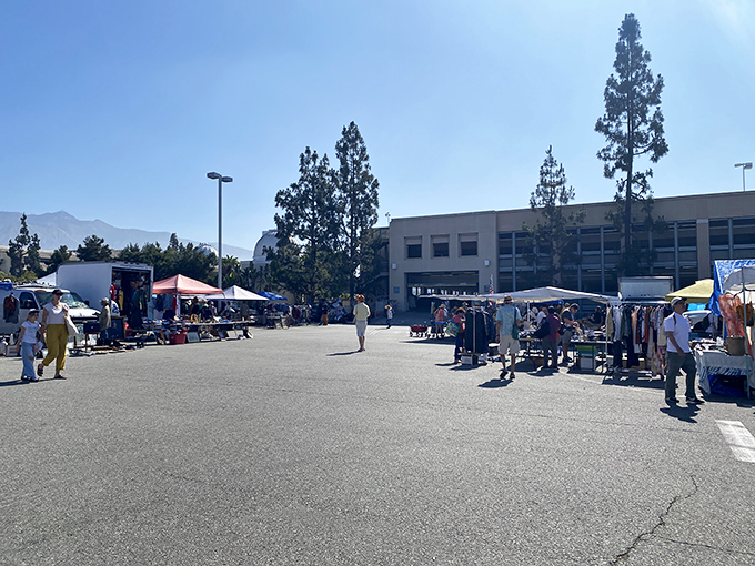 A perfect California day frames the outdoor vendor area, where mountains peek through in the distance, silently witnessing thousands of haggling conversations.