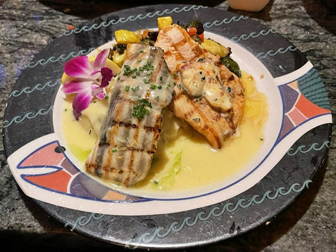 This salmon duet arrives plated like edible art, proving fish can be fancy without being fussy.