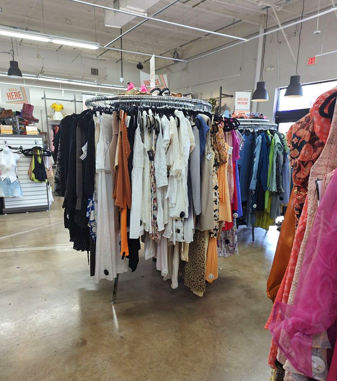 The circular racks create a fashion carousel of options, each turn revealing another potential wardrobe game-changer.