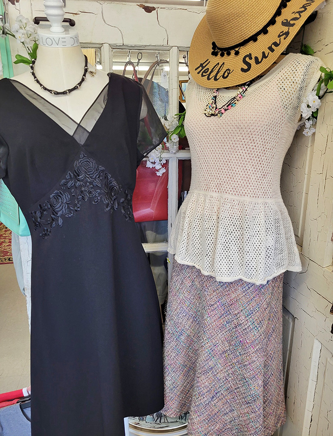 Elegant ensembles awaiting their second debut. That black dress has stories to tell, while the summer hat whispers promises of seaside adventures.