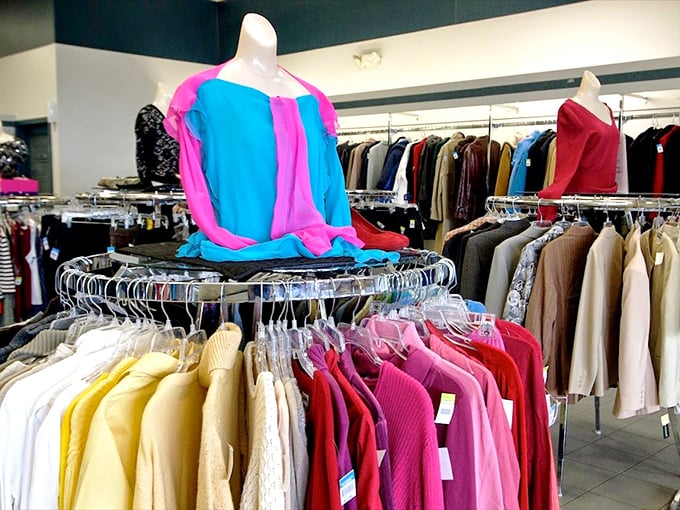 Color-coordinated clothing displays that would make Marie Kondo weep with joy, minus the guilt about keeping everything you touch.