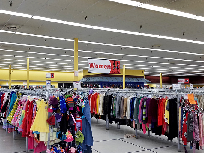 The women's department could outfit a small army of fashionable folks, with racks organized by color creating a rainbow road of retail therapy.