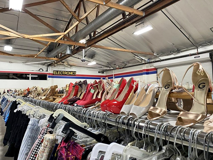 High heels lined up like soldiers ready for their next mission. Red, nude, and metallic options prove secondhand style doesn't mean second-rate glamour.