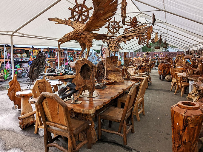 Rustic wooden masterpieces transform fallen trees into functional art, proving that in Barberville, even dining tables tell a story.