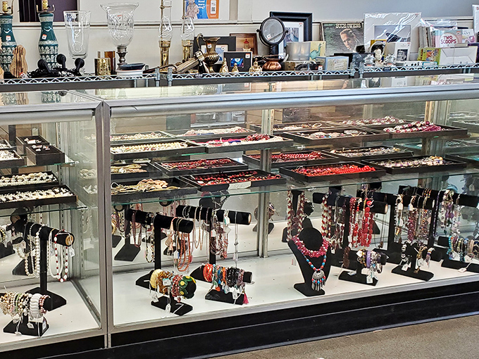 Behind this glass lies a jewelry collection that would make Elizabeth Taylor say, "Not bad for under ten bucks!"