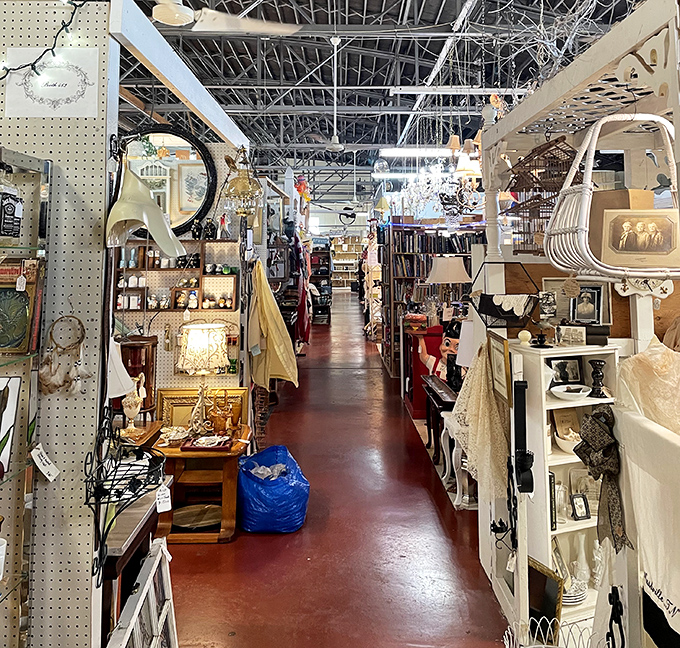 Narrow pathways lead to endless possibilities. Like a well-organized archaeological dig, each aisle reveals artifacts from different decades of American life.