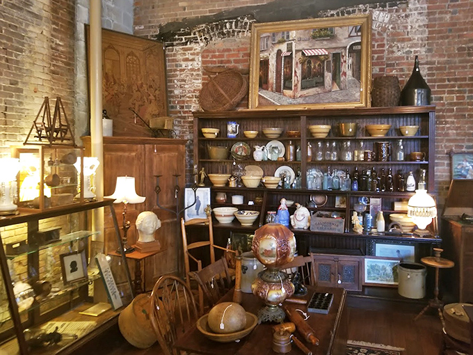 Antique dishware and furniture create cozy vignettes that tell stories of Sunday dinners and family gatherings from decades past.