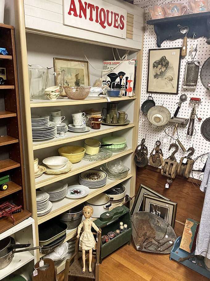 Kitchen nostalgia overload! From vintage Pyrex to antique utensils, this corner could stock a museum of American dining history or your grandmother's dream kitchen.