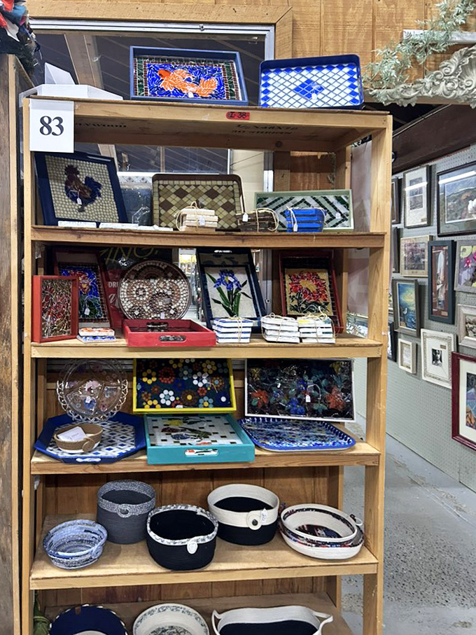 A mosaic wonderland of handcrafted trays where artisans transformed ordinary materials into extraordinary works of functional beauty.