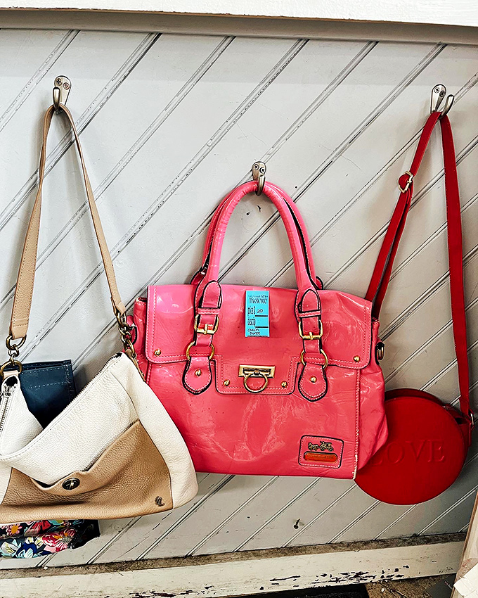 Handbag heaven awaits the fashion-forward bargain hunter. That coral beauty might have cost someone three digits once upon a retail time.