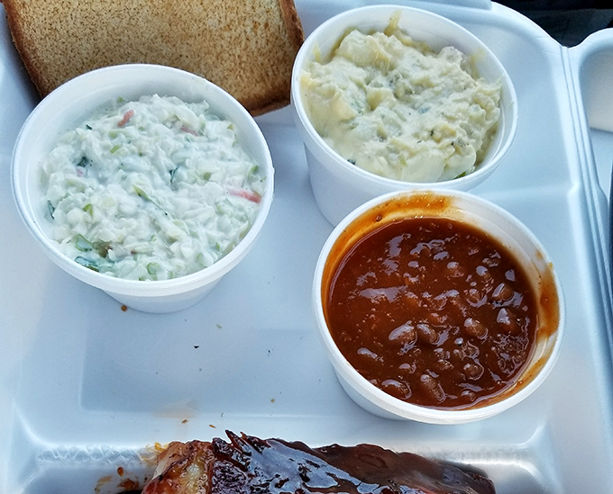 The holy trinity of Southern sides: creamy coleslaw, potato salad, and those legendary baked beans&mdash;proof that supporting actors sometimes steal the show.