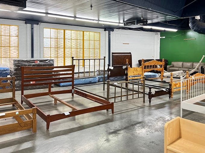 Bed frames in every style imaginable stand at attention. From mid-century modern to Victorian elegance, your dream bedroom is hiding somewhere in this lineup.