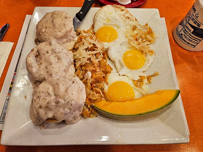 Biscuits and gravy with sunny-side-up eggs and hash browns&mdash;the breakfast equivalent of a warm hug from your favorite aunt.