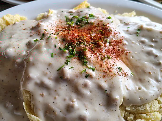 Behold the legendary biscuits and gravy that have locals whispering secrets and making weekend pilgrimages.