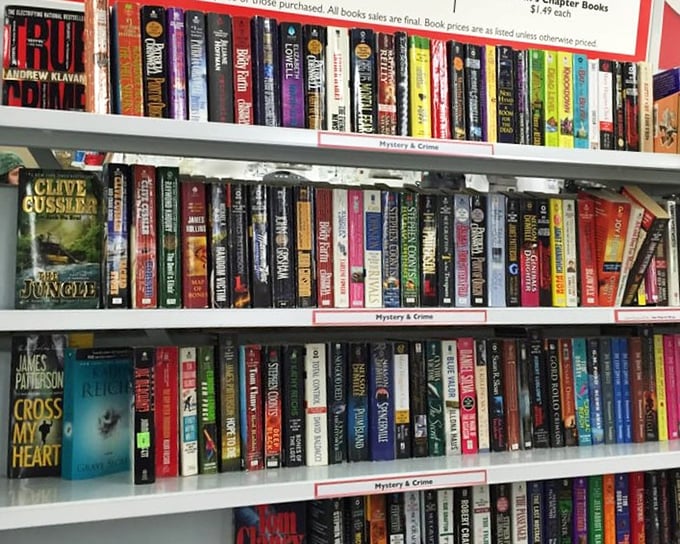 Mystery, crime, and adventure await in the book section, where dog-eared paperbacks offer escape during those long winter nights.