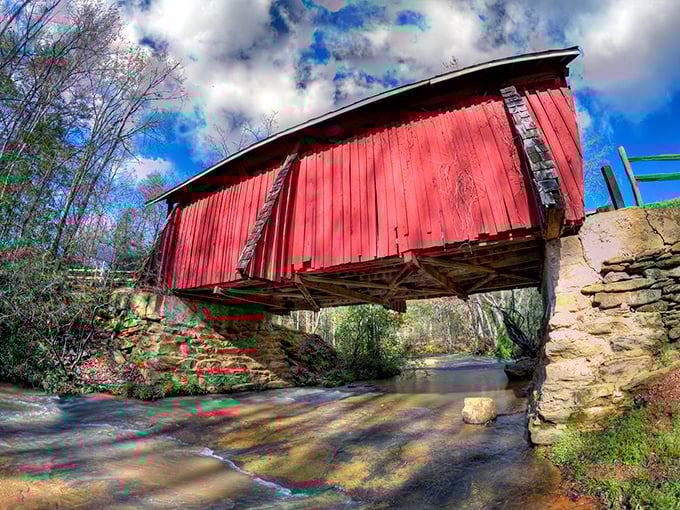History preserved in photographs &ndash; this informational display honors the legacy of those who helped ensure Campbell's Covered Bridge would stand for generations to come.