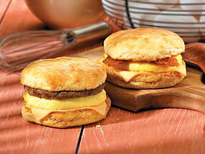 These biscuit sandwiches prove breakfast doesn't need fancy ingredients, just honest execution and generous proportions that satisfy.
