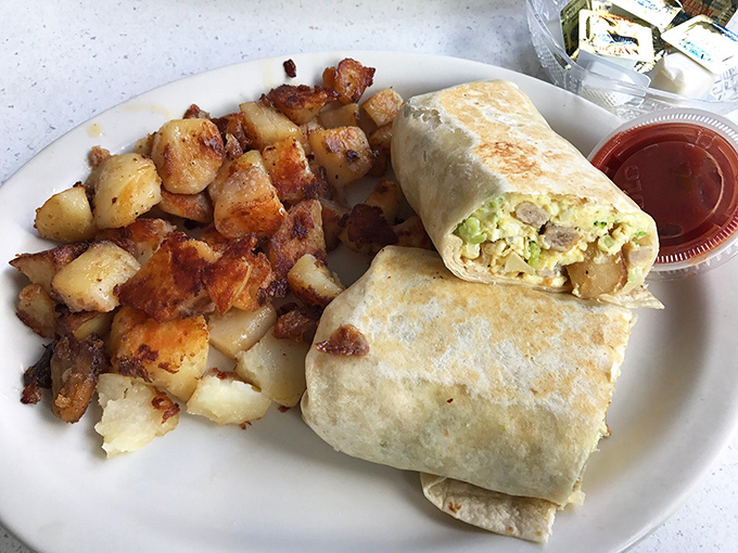 This breakfast burrito with perfectly crisped home fries is what Monday mornings dream about all weekend long.