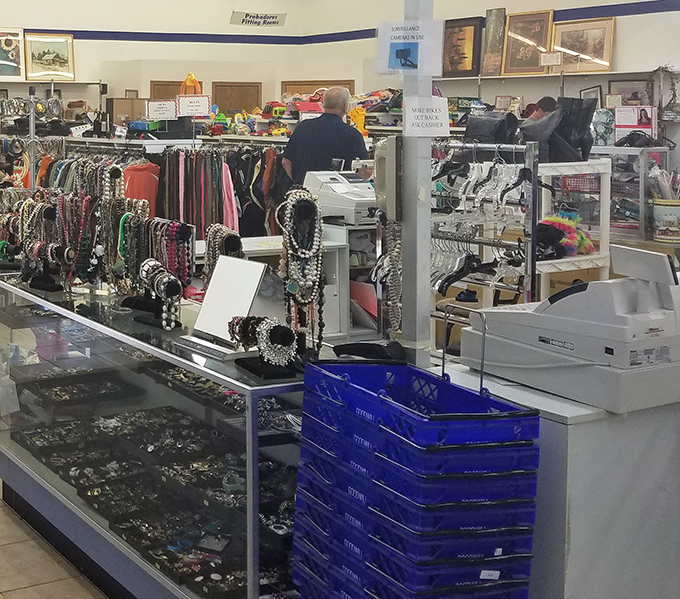 Jewelry cases glimmer with possibility while blue bins stand ready for the next batch of treasures to make their debut on the sales floor.