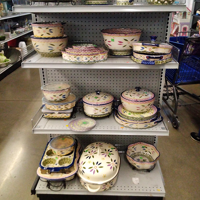 A collection of decorative ceramic bakeware that would make Martha Stewart do a double-take. Floral patterns and pastel colors from someone's grandmother's kitchen, ready for yours.