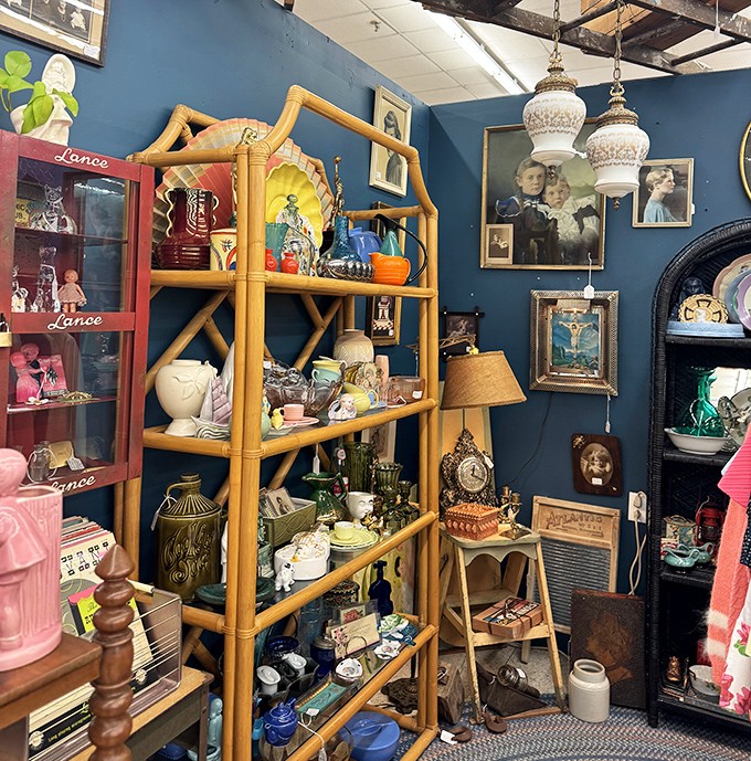 This bamboo shelving unit isn't just storing treasures; it's displaying decades of American design evolution in one tidy corner.