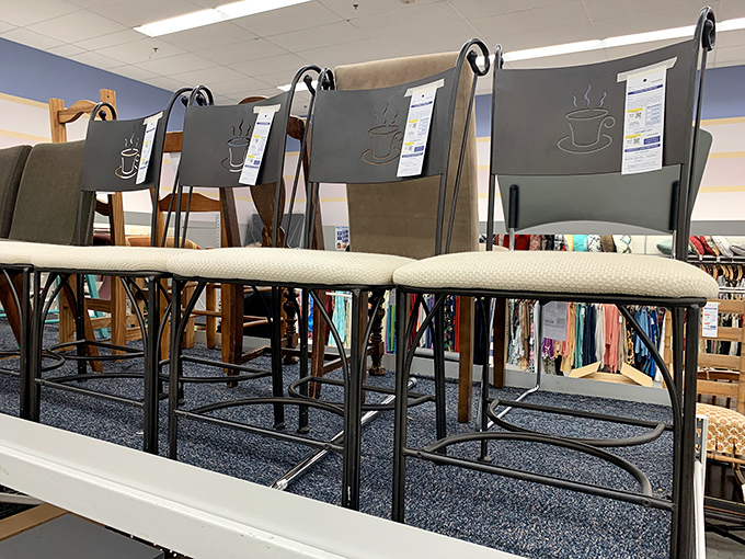 Coffee cup silhouettes adorn these bar chairs, silently promising countless morning conversations over breakfast or evening chats over wine.