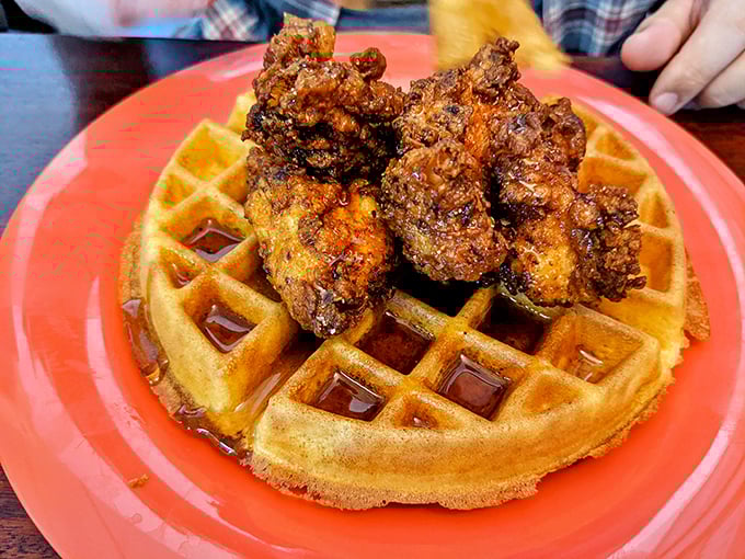 Crispy fried chicken perched atop a golden waffle—the breakfast equivalent of having your cake and eating it too.