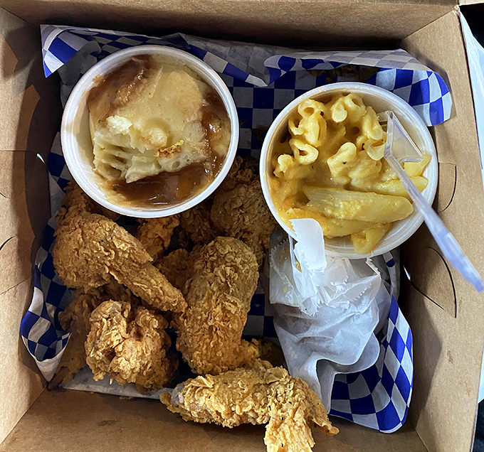 Golden-brown perfection nestled beside creamy mac and cheese. That honey biscuit in the corner? It's about to steal the show.