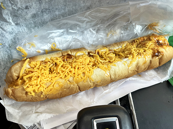 This footlong masterpiece, blanketed in melted cheese, isn't just a hot dog&mdash;it's an edible time machine to simpler, more delicious days.