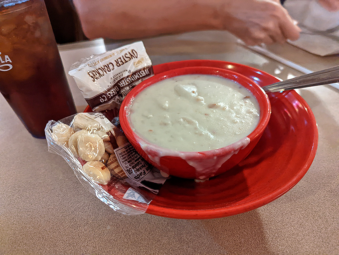 The holy grail of chowder &ndash; thick, creamy, and loaded with clams &ndash; served with those little oyster crackers that are somehow always necessary.