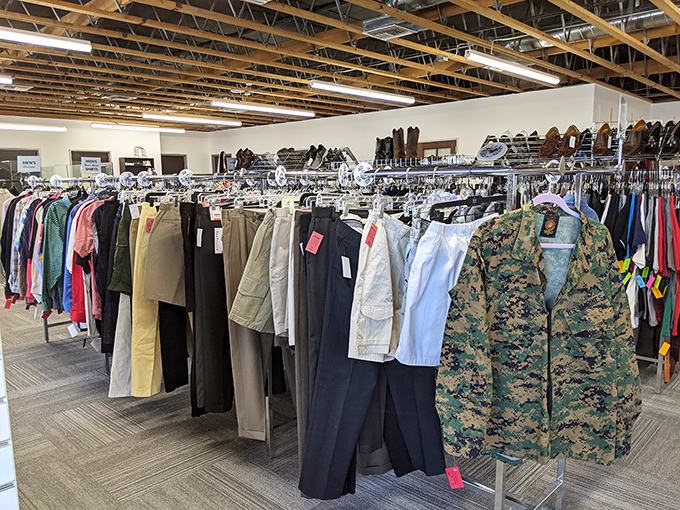 Rack after rack of clothing possibilities await the patient browser. That camouflage jacket might have stories to tell, but at these prices, you'll create new ones.