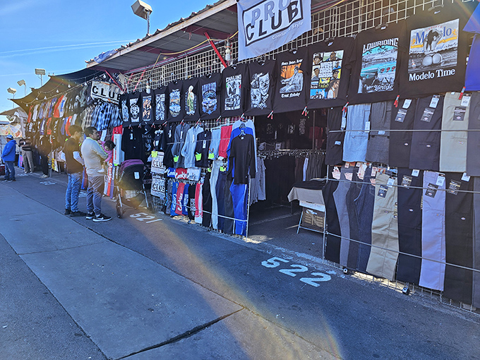 The "CLUB" clothing stall doesn't just sell t-shirts; it offers the opportunity to completely reinvent yourself for less than the cost of dinner on the Strip.