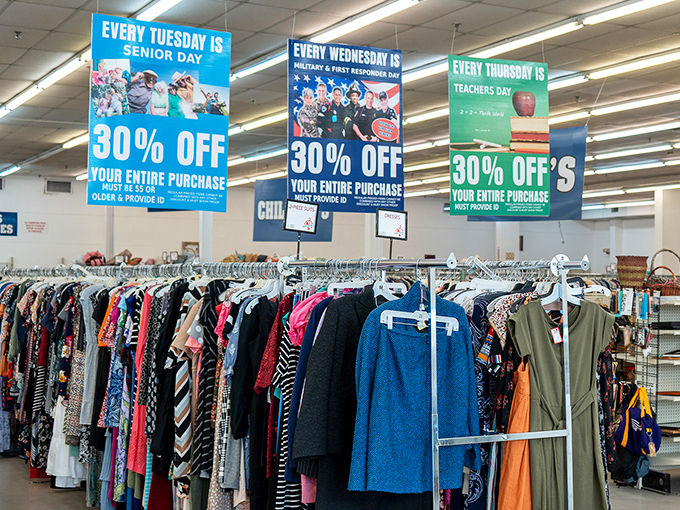 Special discount days transform your thrifting strategy&mdash;Tuesdays for seniors, Wednesdays for military, and Thursdays for teachers who know the value of a dollar. 