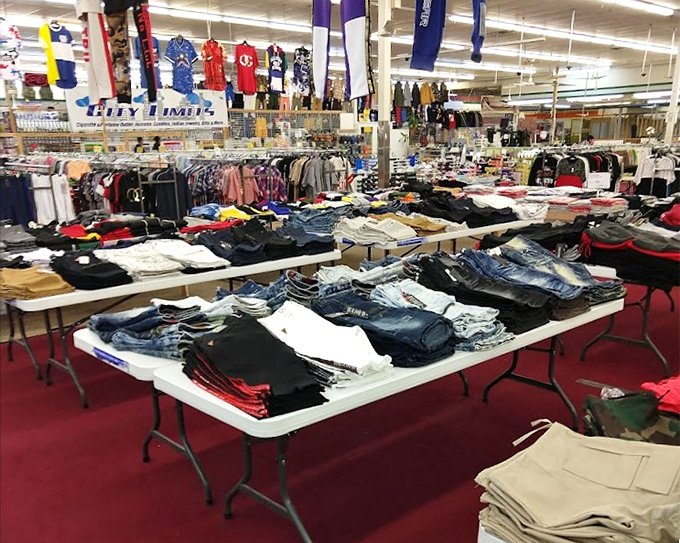 Denim democracy in action. Tables laden with jeans of every wash and size—because everyone deserves the perfect pair without the designer price tag.