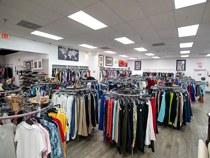 Racks upon racks of meticulously organized clothing await their second act&mdash;color-coded for the serious thrifter's convenience.